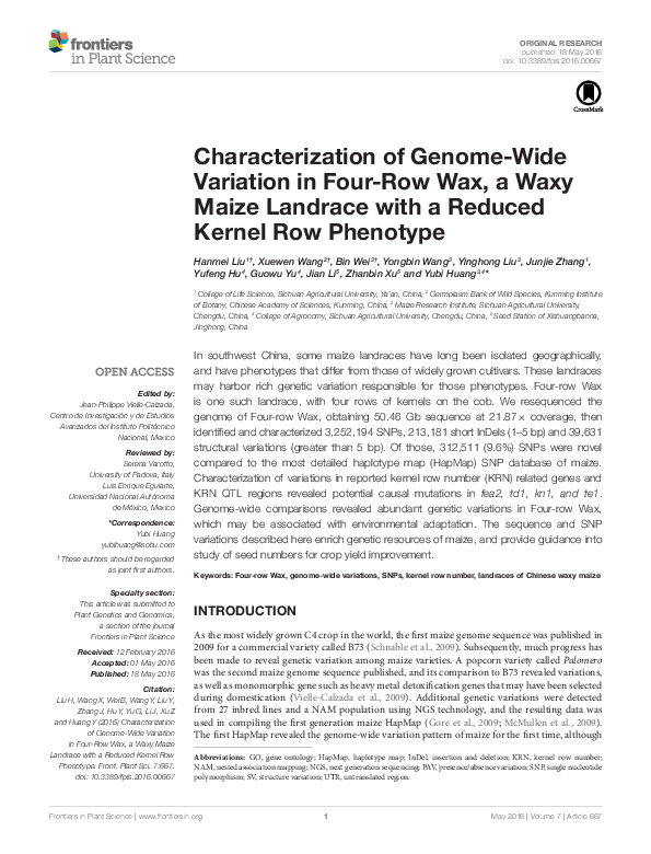 (PDF) Characterization of Genome-Wide Variation in Four-Row Wax, a Waxy ...