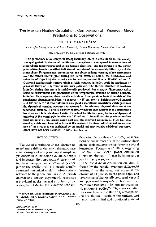(PDF) The Martian Hadley circulation - Comparison of 'viscous' model ...