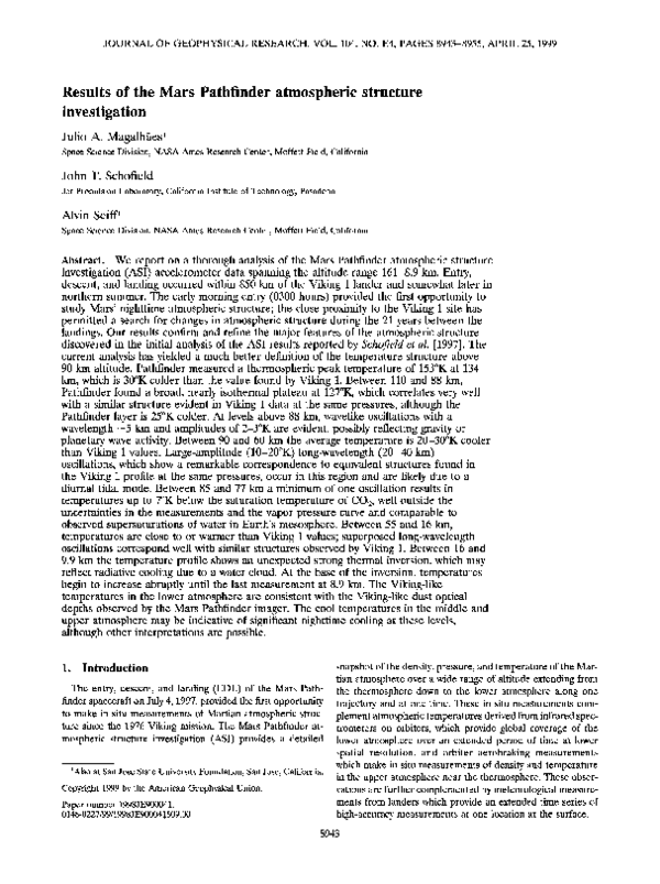 (PDF) Results of the Mars Pathfinder atmospheric structure investigation