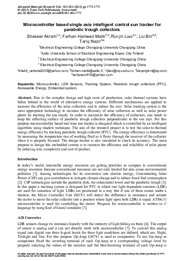 (PDF) Microcontroller Based Single Axis Intelligent Control Sun Tracker for Parabolic Trough ...