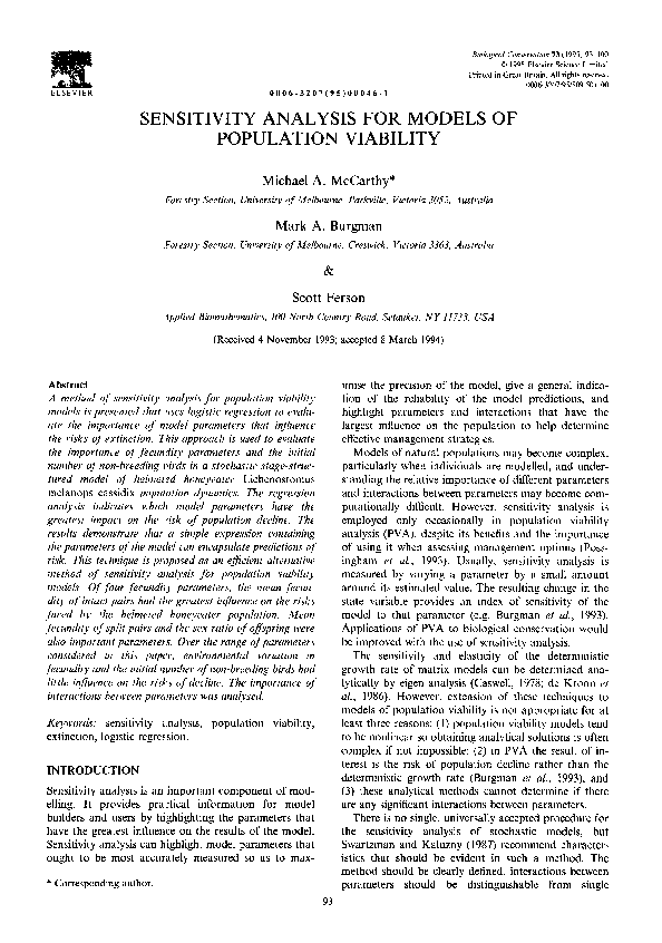 (PDF) Sensitivity analysis for models of population viability | Scott ...