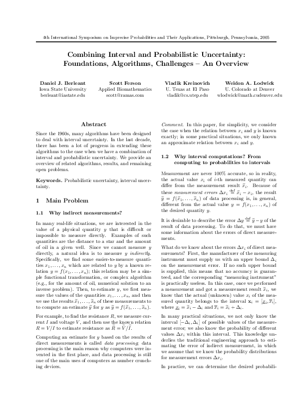 (PDF) Combining Interval and Probabilistic Uncertainty: Foundations, Algorithms, Challenges { An ...