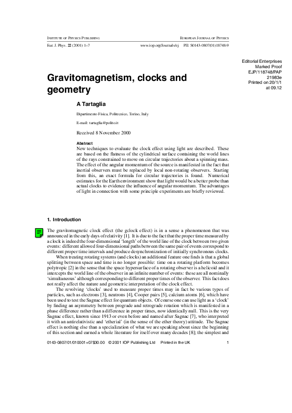 (PDF) Gravitomagnetism, clocks and geometry