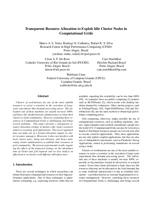 (PDF) Transparent Resource Allocation to Exploit Idle Cluster Nodes in Computational Grids