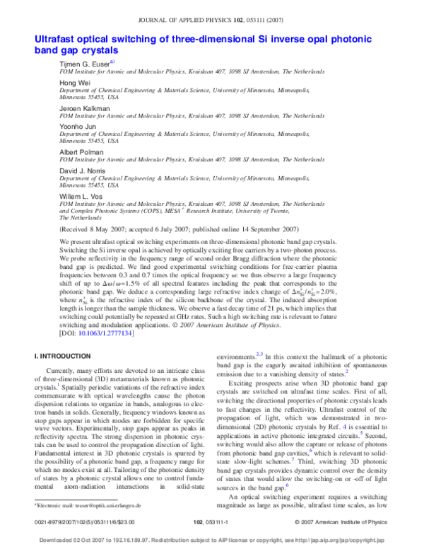 (PDF) Ultrafast optical switching of three-dimensional Si inverse opal photonic band gap crystals