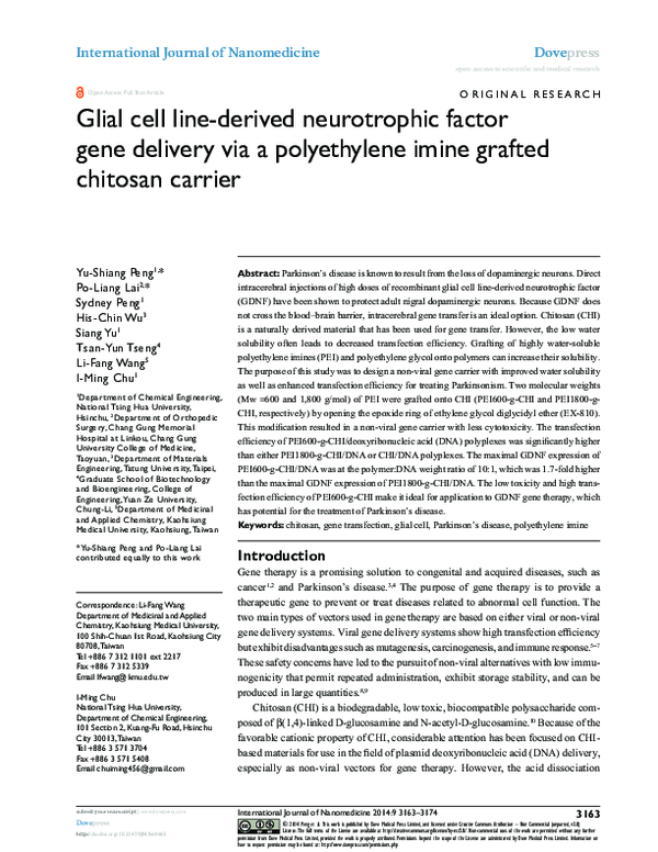 (PDF) Glial cell line-derived neurotrophic factor gene delivery via a polyethylene imine grafted ...