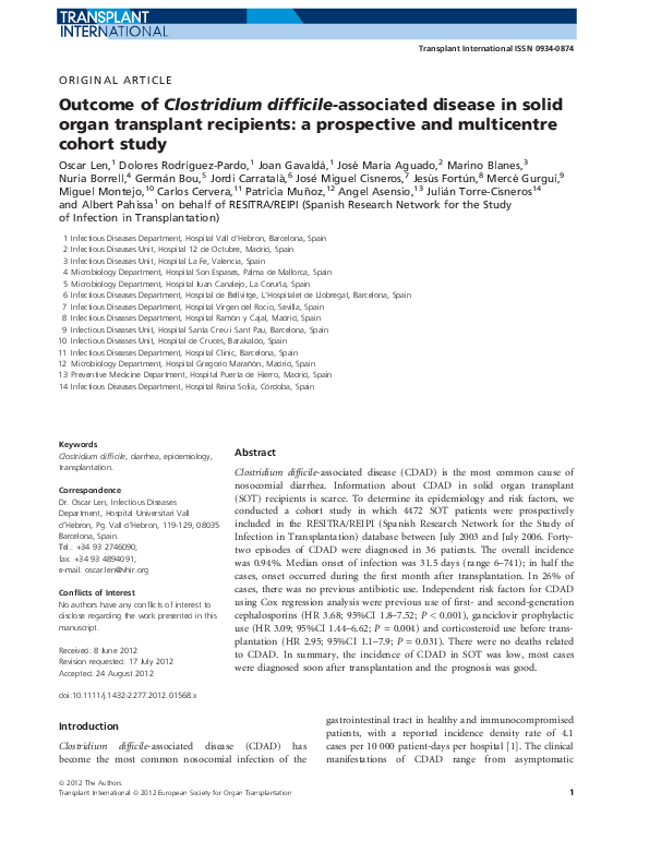 (PDF) Outcome of Clostridium difficile- associated disease in solid ...