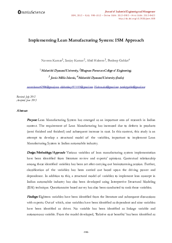 (PDF) Implementing lean manufacturing system: ISM approach