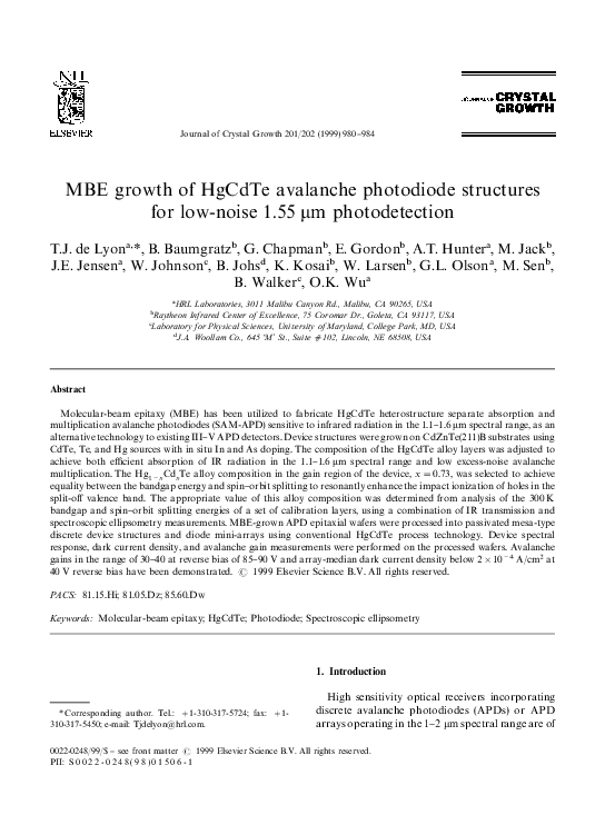 Pdf Mbe Growth Of Hgcdte Avalanche Photodiode Structures For Low Noise 1 55 μm Photodetection