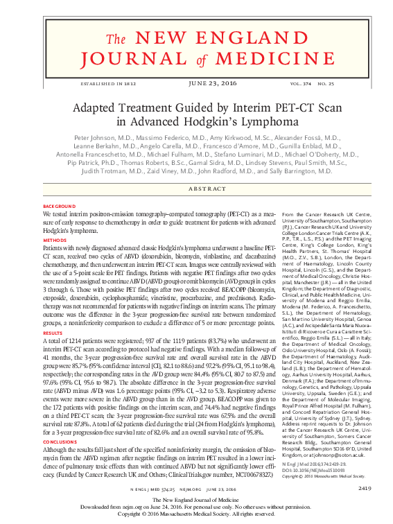 (PDF) Adapted Treatment Guided by Interim PET-CT Scan in Advanced Hodgkin’s Lymphoma