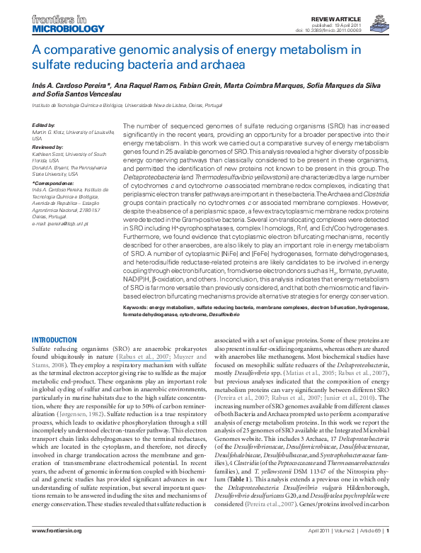 (PDF) A Comparative Genomic Analysis of Energy Metabolism in Sulfate Reducing Bacteria and Archaea