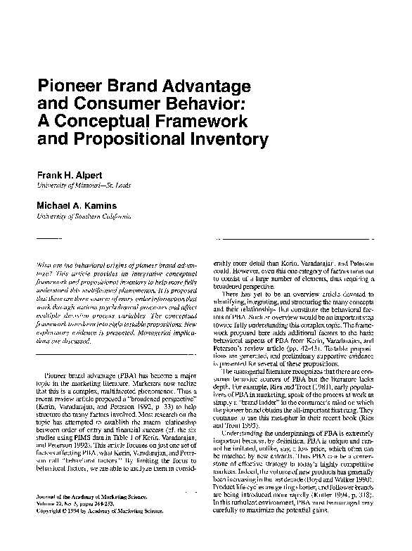 (PDF) Pioneer brand advantage and consumer behavior: A conceptual ...