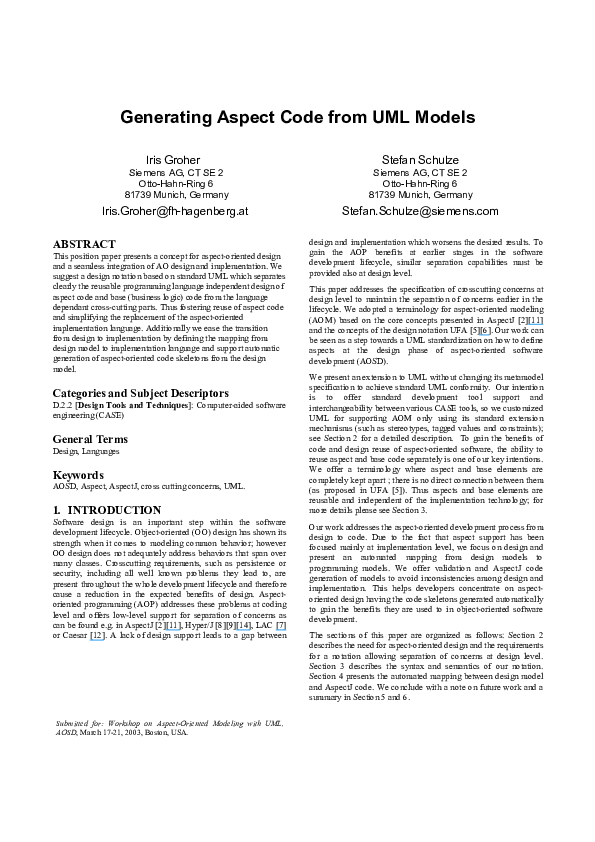 (PDF) Generating Aspect Code from UML Models