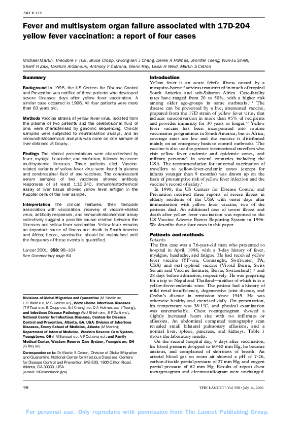 (PDF) Fever and multisystem organ failure associated with 17D-204 ...