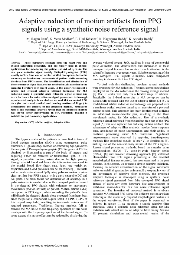 Pdf Adaptive Reduction Of Motion Artifacts From Ppg Signals Using A
