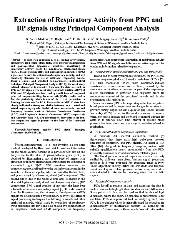 Pdf Extraction Of Respiratory Activity From Ppg And Bp Signals Using Principal Component Analysis