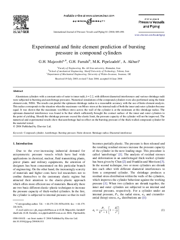 (PDF) Experimental and finite element prediction of bursting pressure in compound cylinders
