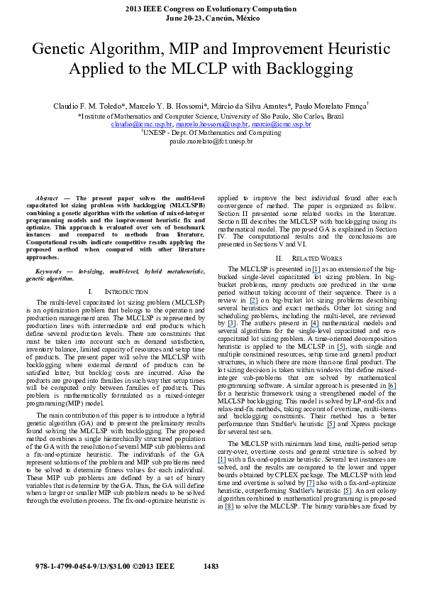 (PDF) Genetic algorithm, MIP and improvement heuristic applied to the MLCLP with backlogging