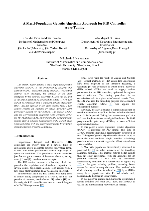 Pdf A Multi Population Genetic Algorithm Approach For Pid Controller Auto Tuning