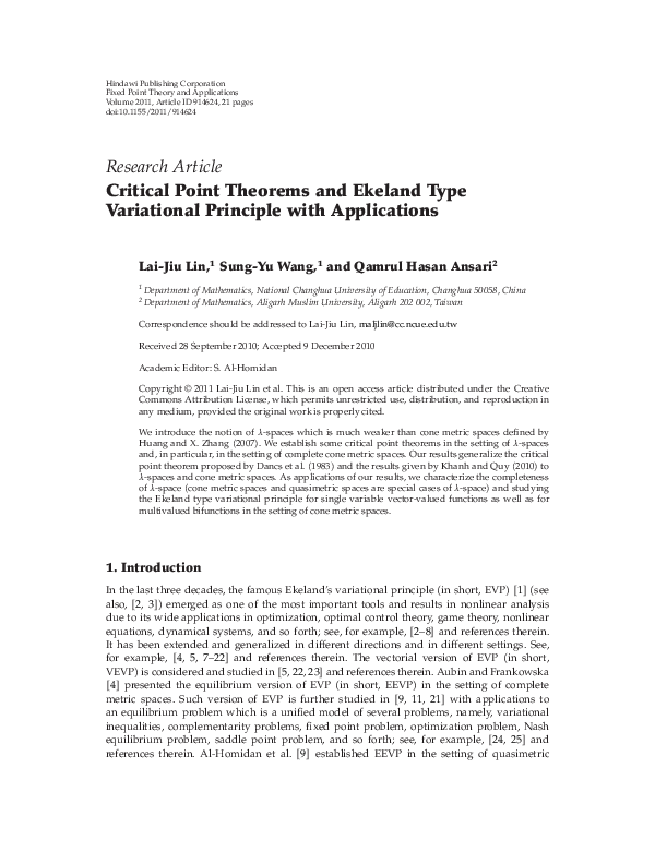 Pdf Critical Point Theorems And Ekeland Type Variational Principle