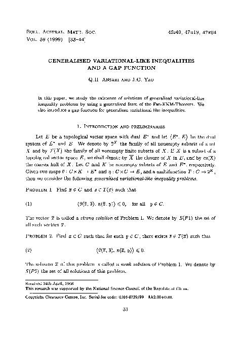 (PDF) Generalised variational-like inequalities and a gap function