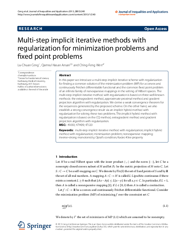Pdf Multi Step Implicit Iterative Methods With Regularization For Minimization Problems And