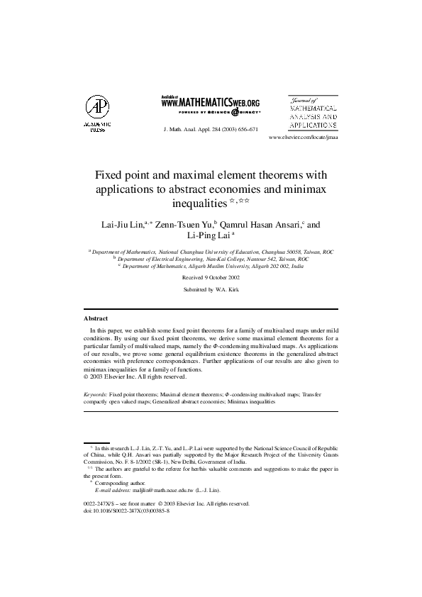 Pdf Fixed Point And Maximal Element Theorems With Applications To Abstract Economies And