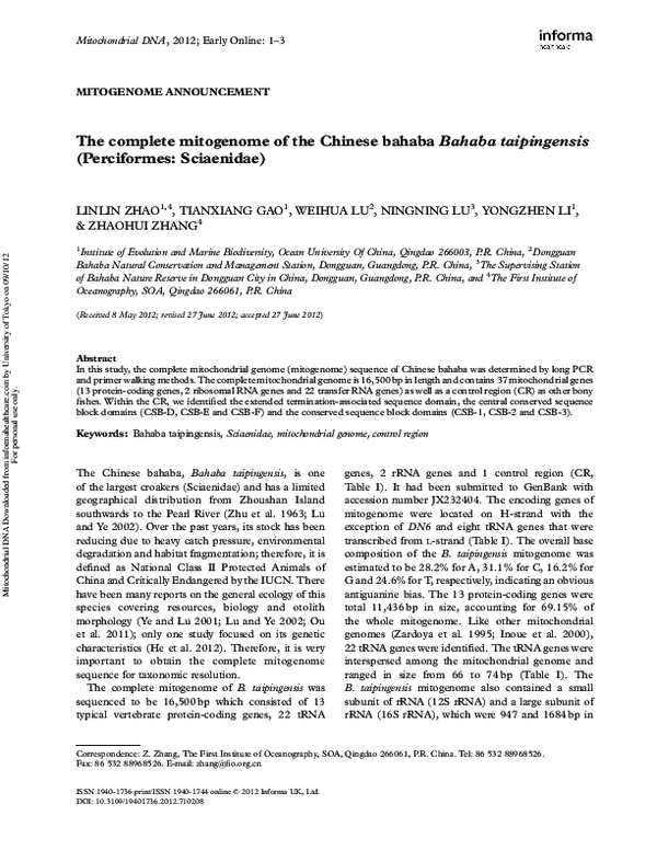 (PDF) The complete mitogenome of the Chinese bahaba Bahaba taipingensis ...