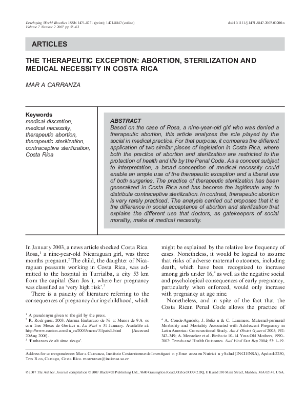 (PDF) The therapeutic exception: abortion, sterilization and medical ...
