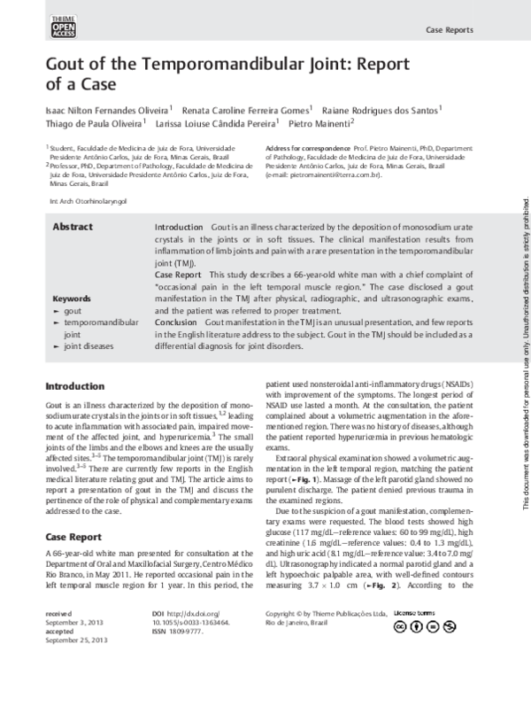 (PDF) Gout of the Temporomandibular Joint: Report of a Case