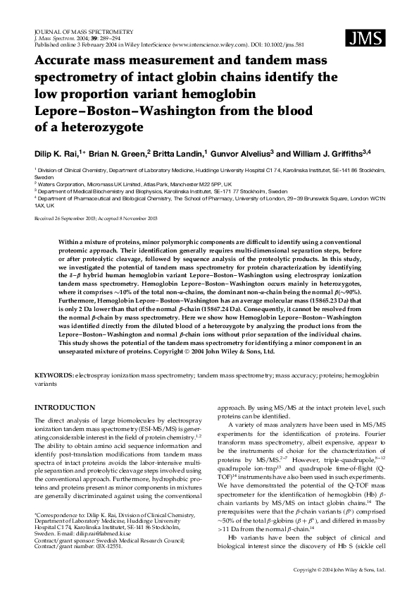 (PDF) Accurate mass measurement and tandem mass spectrometry of intact ...