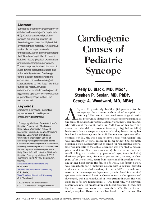 (PDF) Cardiogenic Causes of Pediatric Syncope