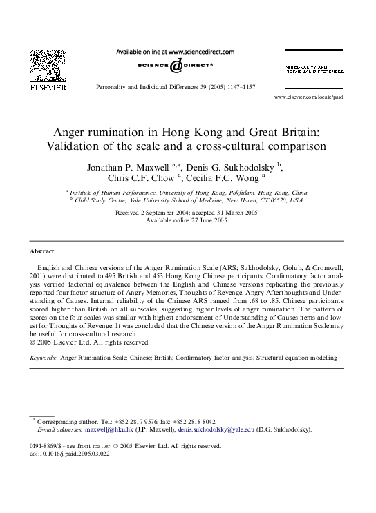 (PDF) Anger rumination in Hong Kong and Great Britain: Validation of ...