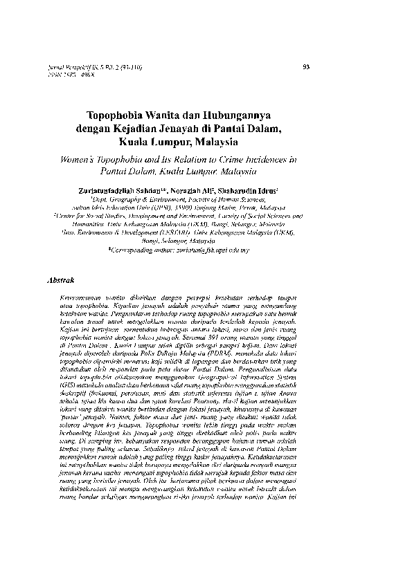 (PDF) Topophobia Wanita dan Hubungannya dengan Kejadian Jenayah di ...