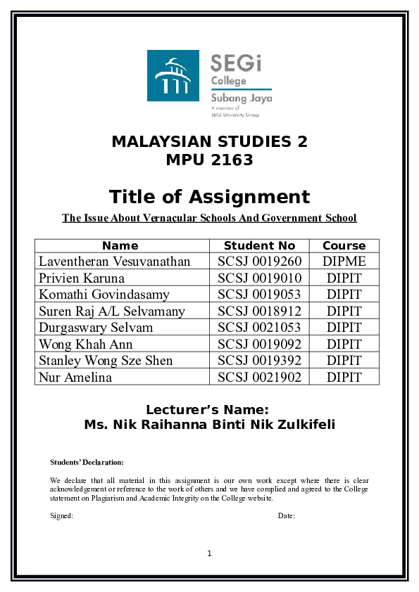 (DOC) Title of Assignment The Issue About Vernacular Schools And ...