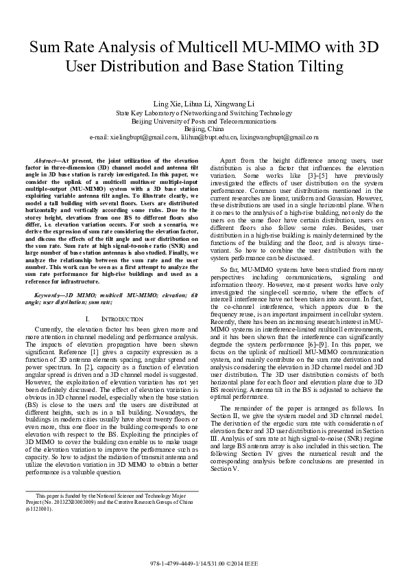 Pdf Sum Rate Analysis Of Multicell Mu Mimo With 3d User Distribution