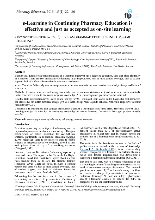 (PDF) e-Learning in Continuing Pharmacy Education is effective and just ...