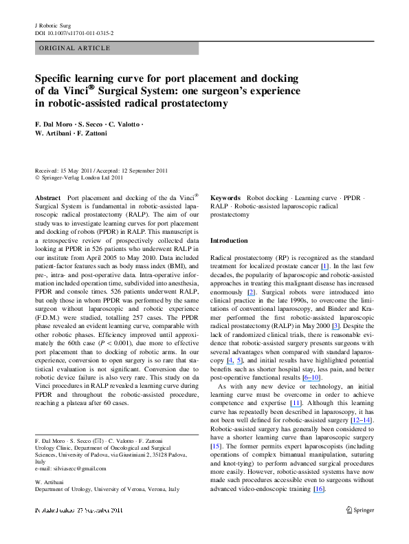 (PDF) Specific learning curve for port placement and docking of da Vinci® Surgical System: one ...