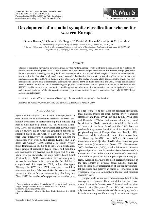 (PDF) Development of a spatial synoptic classification scheme for western Europe