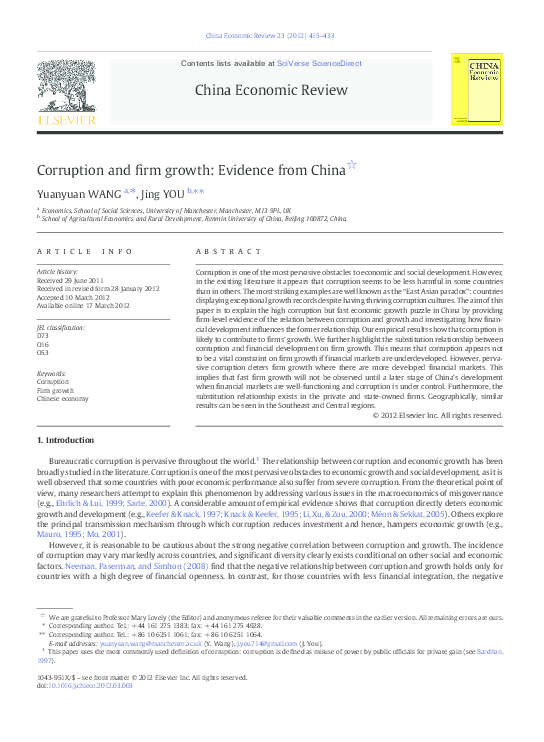 (PDF) Corruption and firm growth: Evidence from China (PDF) Corruption and firm growth: Evidence from China