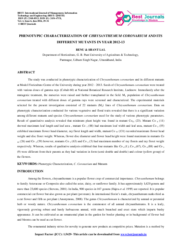 (PDF) Phenotypic Variation in Chrysanthemum Mutants