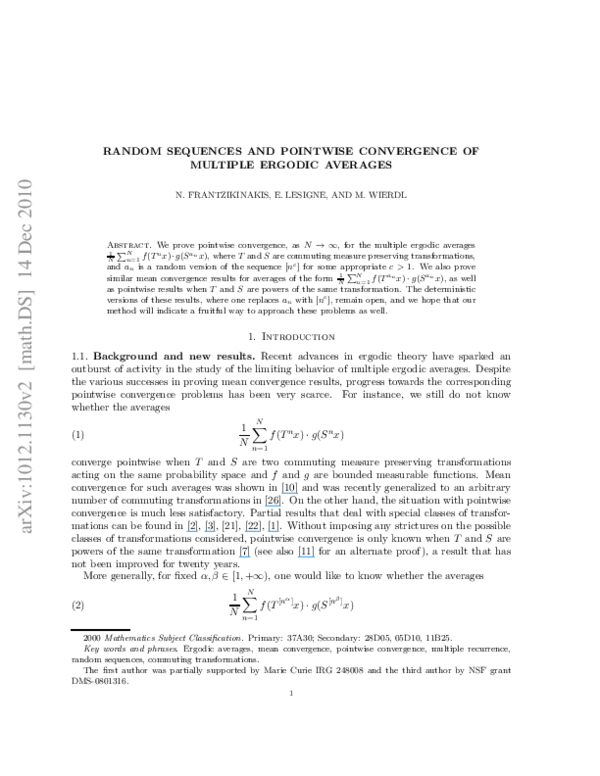 Pdf Random Sequences And Pointwise Convergence Of Multiple Ergodic
