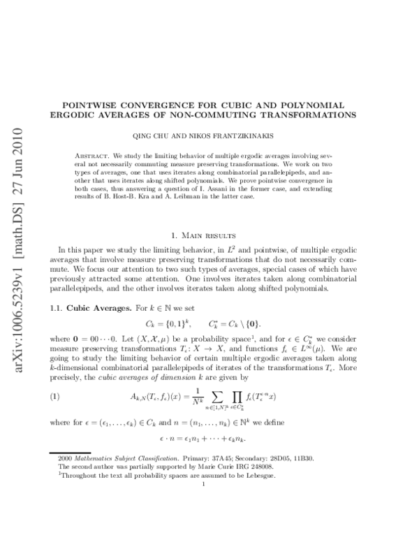 Pdf Pointwise Convergence For Cubic And Polynomial Multiple Ergodic Averages Of Non Commuting