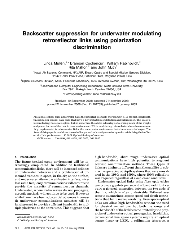 (PDF) Backscatter suppression for underwater modulating retroreflector ...