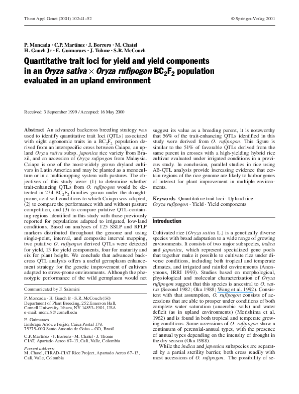 (PDF) Quantitative trait loci for yield and yield components in an Oryza sativa×Oryza rufipogon ...