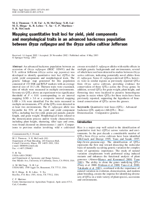 Pdf Mapping Quantitative Trait Loci For Yield Yield Components And