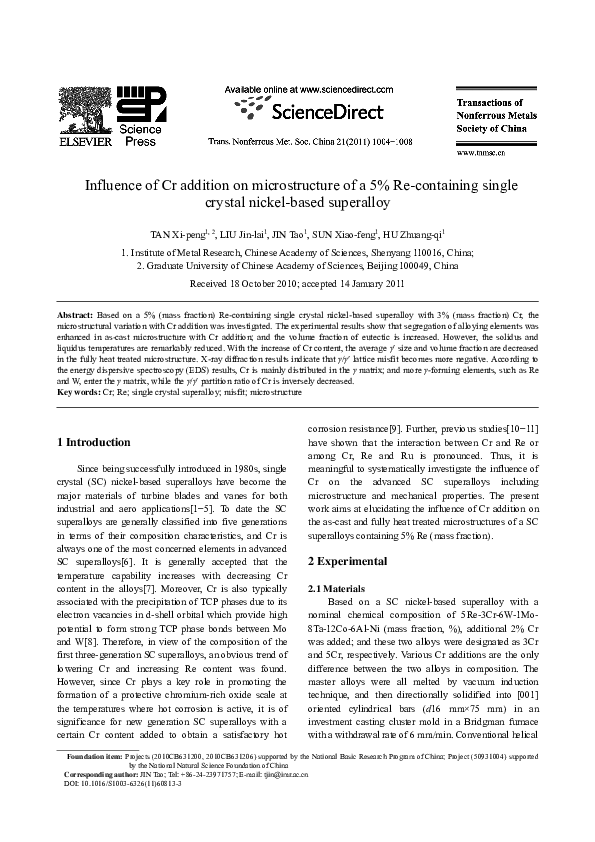 Pdf Influence Of Cr Addition On Microstructure Of A 5 Re Containing