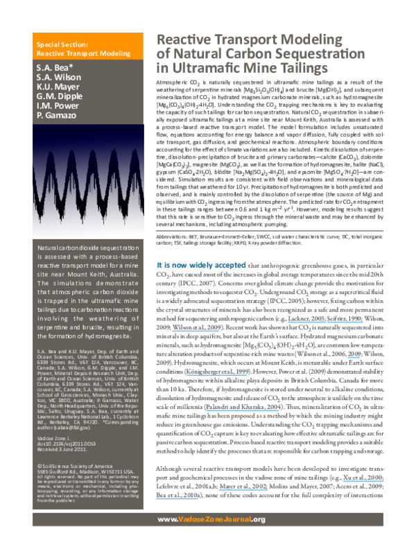 Pdf Reactive Transport Modeling Of Natural Carbon Sequestration In Ultramafic Mine Tailings