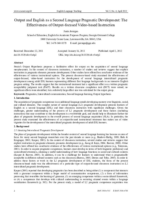 (PDF) Output and English as a Second Language Pragmatic Development ...
