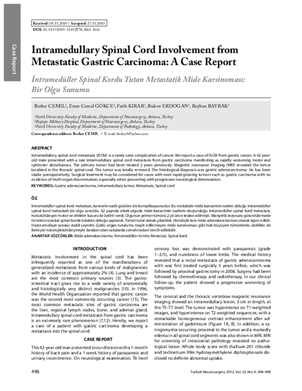 (PDF) Intramedullary spinal cord involvement from metastatic gastric carcinoma: case report